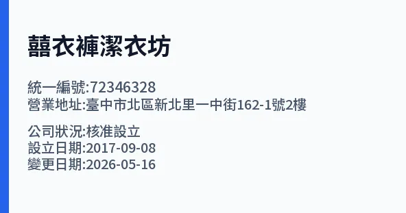 囍衣褲潔衣坊的照片-統編 72346328(臺中市) 公司登記資料與營業項目詳細圖表