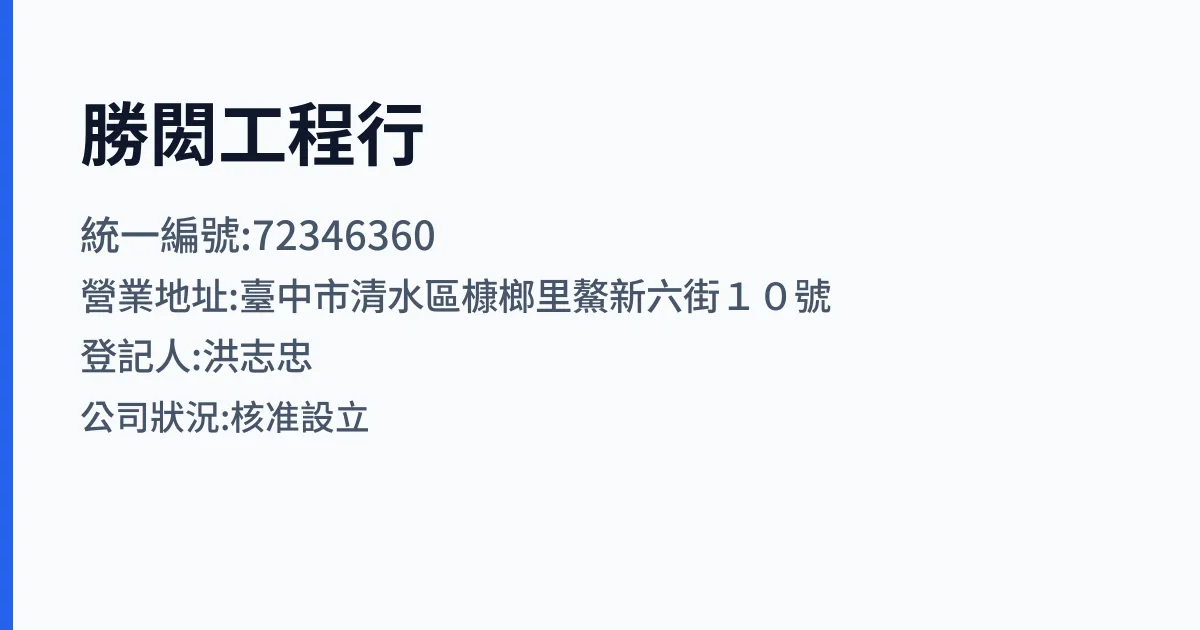 勝閎工程行 - 統編 72346360(臺中市) 公司登記資料與營業項目詳細圖表