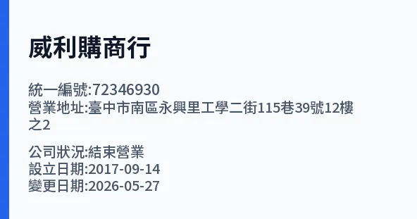 威利購商行的照片-統編 72346930(臺中市) 公司登記資料與營業項目詳細圖表