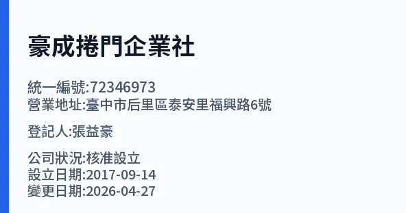 豪成捲門企業社的照片-統編 72346973(臺中市) 公司登記資料與營業項目詳細圖表