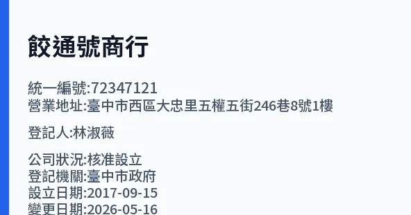餃通號商行的照片-統編 72347121(臺中市) 公司登記資料與營業項目詳細圖表