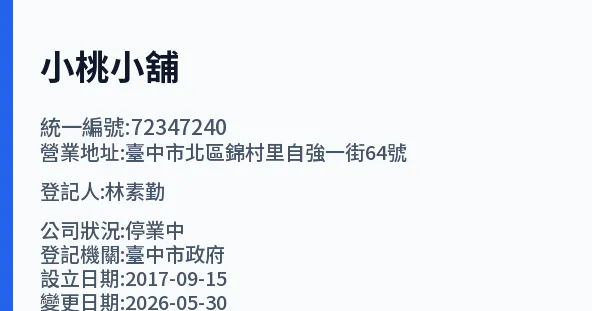 小桃小舖的照片-統編 72347240(臺中市) 公司登記資料與營業項目詳細圖表