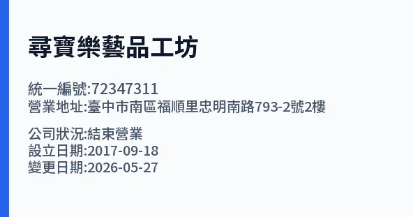 尋寶樂藝品工坊的照片-統編 72347311(臺中市) 公司登記資料與營業項目詳細圖表