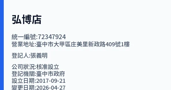 弘博店的照片-統編 72347924(臺中市) 公司登記資料與營業項目詳細圖表