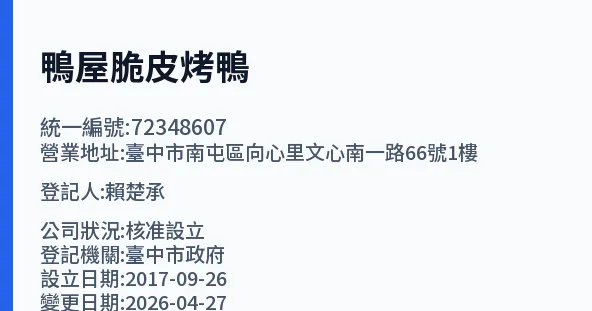 鴨屋脆皮烤鴨的照片-統編 72348607(臺中市) 公司登記資料與營業項目詳細圖表