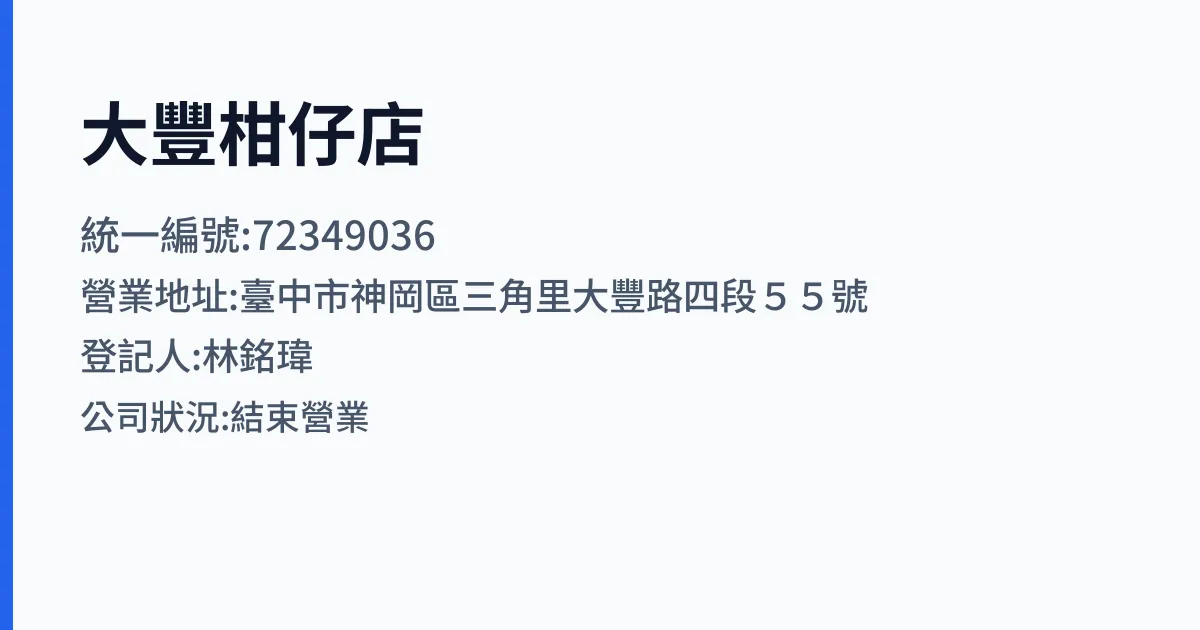 大豐柑仔店 - 統編 72349036(臺中市) 公司登記資料與營業項目詳細圖表
