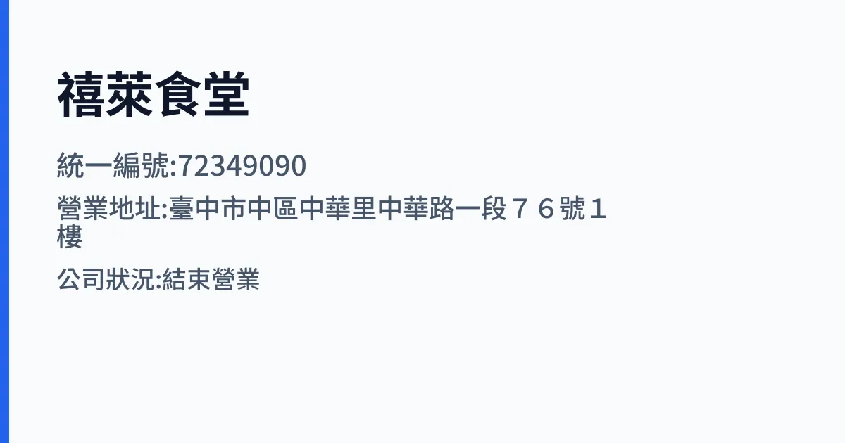 禧萊食堂 - 統編 72349090(臺中市) 公司登記資料與營業項目詳細圖表