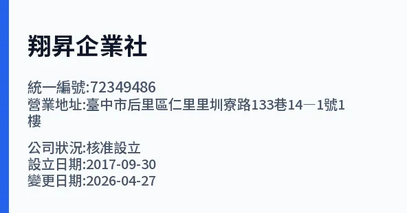 翔昇企業社的照片-統編 72349486(臺中市) 公司登記資料與營業項目詳細圖表