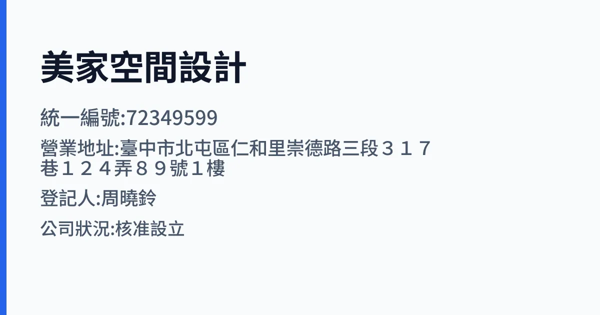 美家空間設計 - 統編 72349599(臺中市) 公司登記資料與營業項目詳細圖表