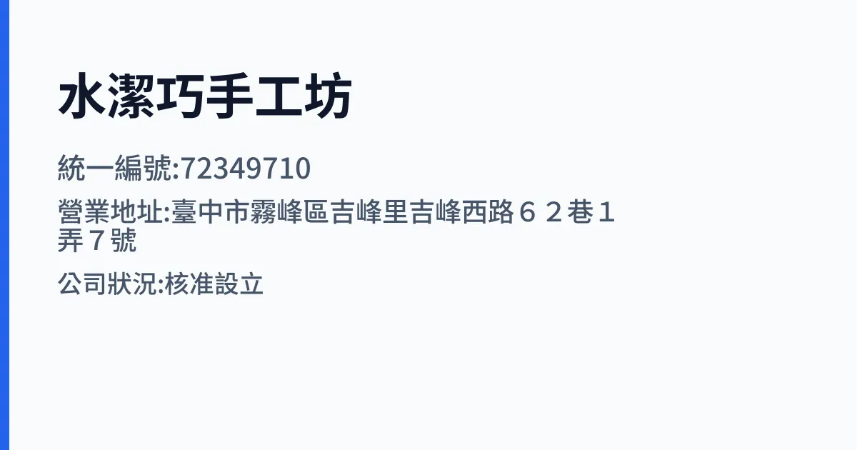 水潔巧手工坊 - 統編 72349710(臺中市) 公司登記資料與營業項目詳細圖表