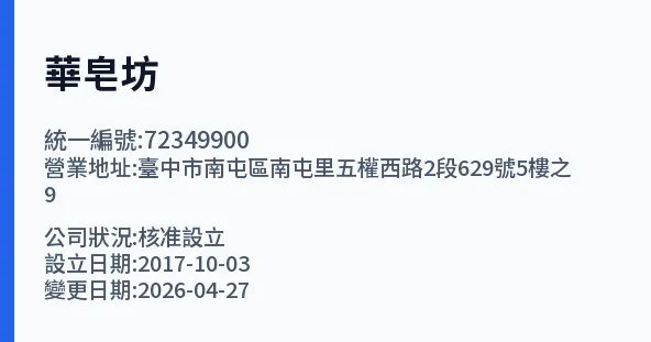 華皂坊的照片-統編 72349900(臺中市) 公司登記資料與營業項目詳細圖表