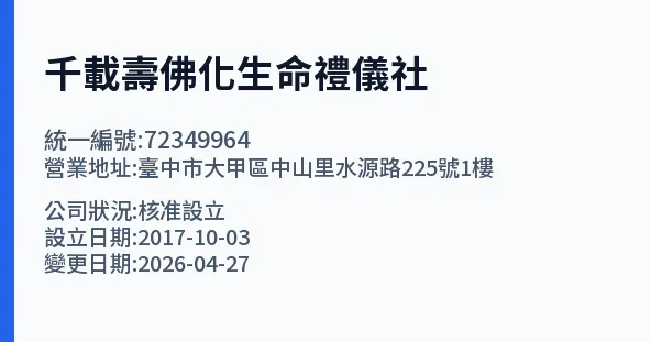 千載壽佛化生命禮儀社的照片-統編 72349964(臺中市) 公司登記資料與營業項目詳細圖表