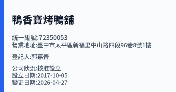 鴨香寶烤鴨舖的照片-統編 72350053(臺中市) 公司登記資料與營業項目詳細圖表