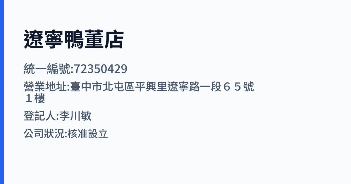 遼寧鴨董店 - 統編 72350429(臺中市) 公司登記資料與營業項目詳細圖表