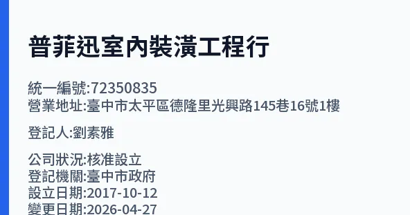 普菲迅室內裝潢工程行的照片-統編 72350835(臺中市) 公司登記資料與營業項目詳細圖表