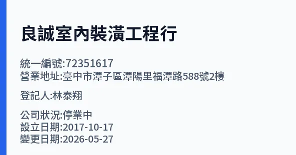 良誠室內裝潢工程行的照片-統編 72351617(臺中市) 公司登記資料與營業項目詳細圖表