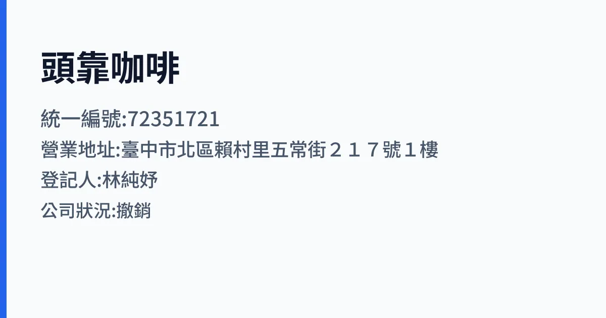 頭靠咖啡 - 統編 72351721(臺中市) 公司登記資料與營業項目詳細圖表
