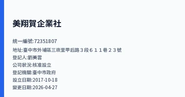 美翔賀企業社的照片-統編 72351807(臺中市) 公司登記資料與營業項目詳細圖表