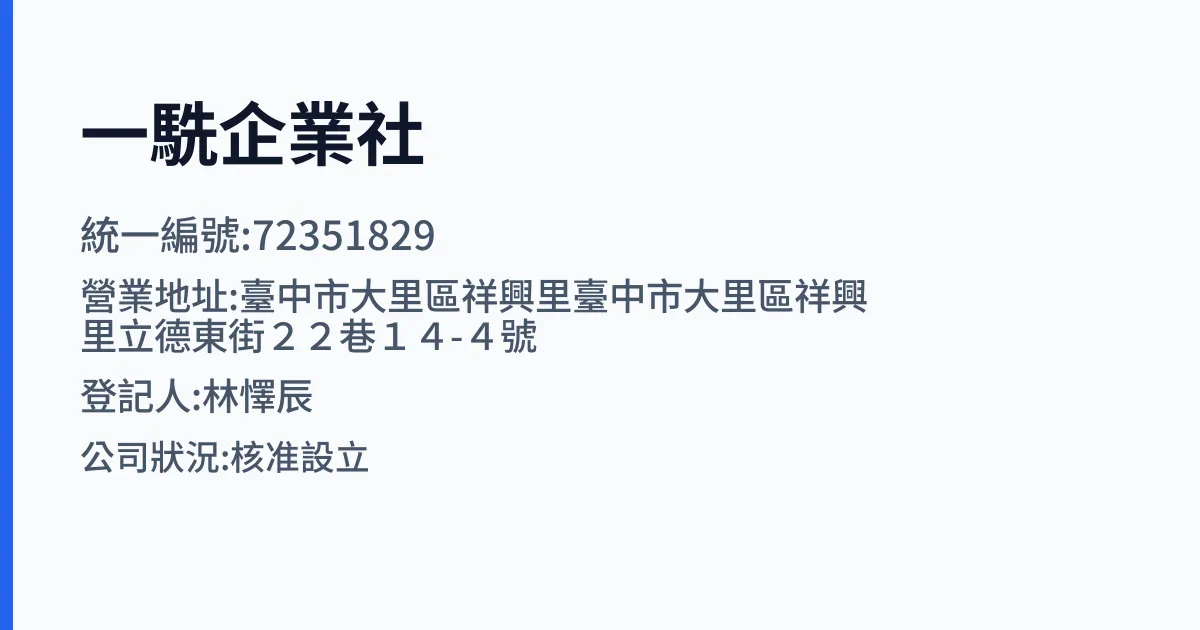 一駪企業社 - 統編 72351829(臺中市) 公司登記資料與營業項目詳細圖表