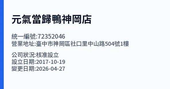 元氣當歸鴨神岡店的照片-統編 72352046(臺中市) 公司登記資料與營業項目詳細圖表