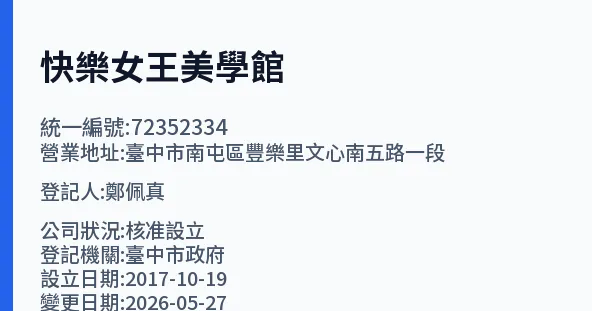 快樂女王美學館的照片-統編 72352334(臺中市) 公司登記資料與營業項目詳細圖表