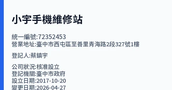 小宇手機維修站的照片-統編 72352453(臺中市) 公司登記資料與營業項目詳細圖表
