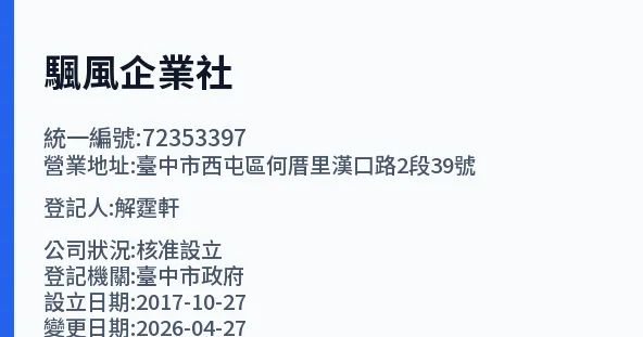 颿風企業社的照片-統編 72353397(臺中市) 公司登記資料與營業項目詳細圖表