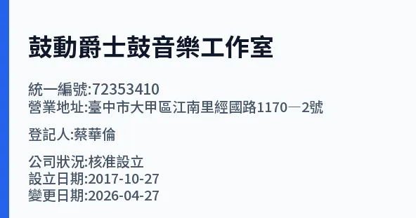 鼓動爵士鼓音樂工作室的照片-統編 72353410(臺中市) 公司登記資料與營業項目詳細圖表