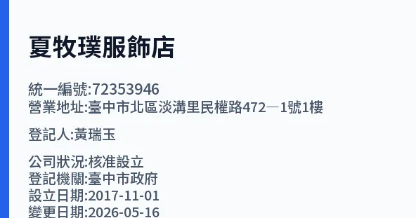 夏牧璞服飾店的照片-統編 72353946(臺中市) 公司登記資料與營業項目詳細圖表