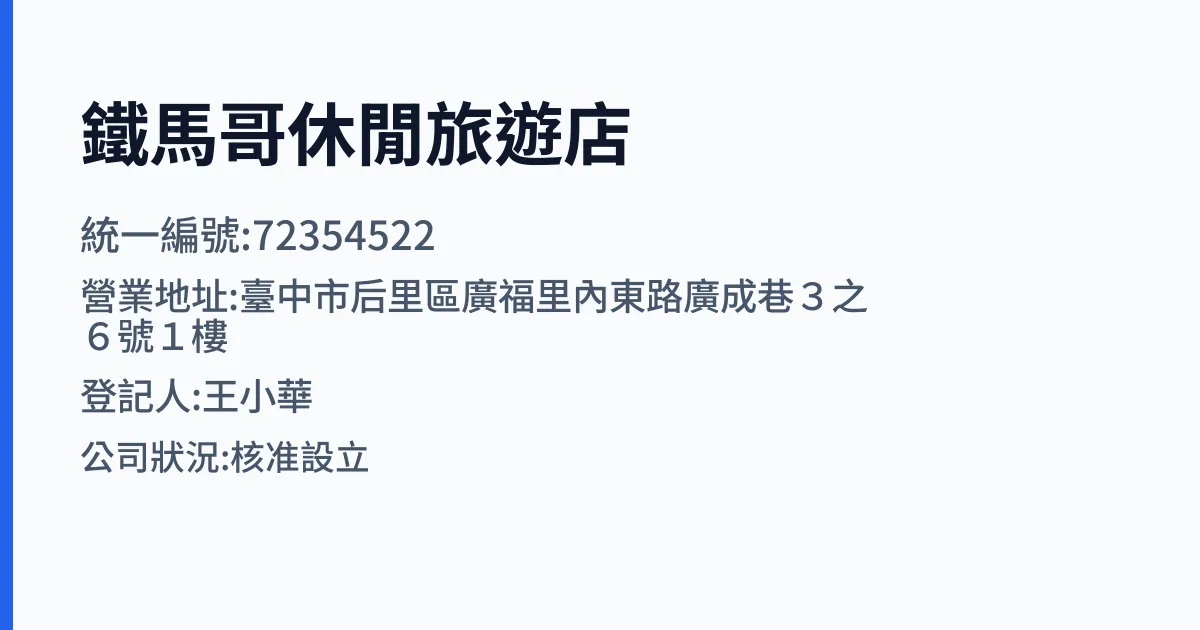 鐵馬哥休閒旅遊店 - 統編 72354522(臺中市) 公司登記資料與營業項目詳細圖表