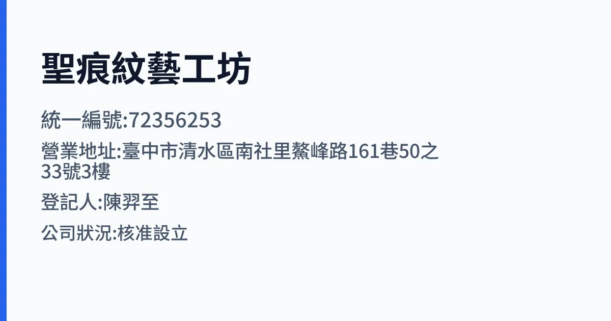 聖痕紋藝工坊 - 統編 72356253(臺中市) 公司登記資料與營業項目詳細圖表
