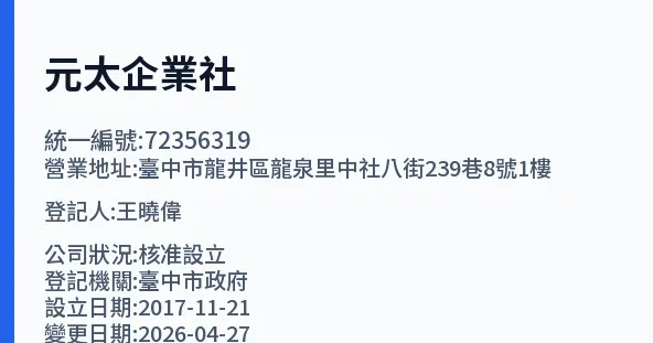 元太企業社的照片-統編 72356319(臺中市) 公司登記資料與營業項目詳細圖表