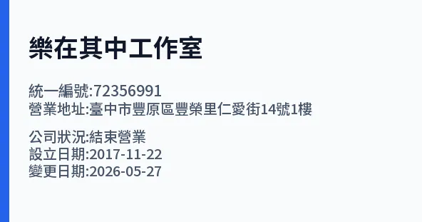 樂在其中工作室的照片-統編 72356991(臺中市) 公司登記資料與營業項目詳細圖表