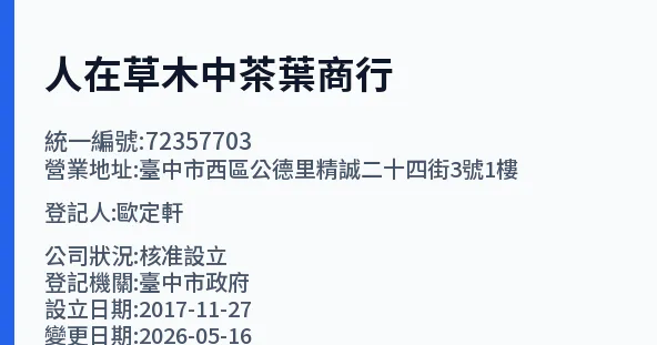 人在草木中茶葉商行的照片-統編 72357703(臺中市) 公司登記資料與營業項目詳細圖表