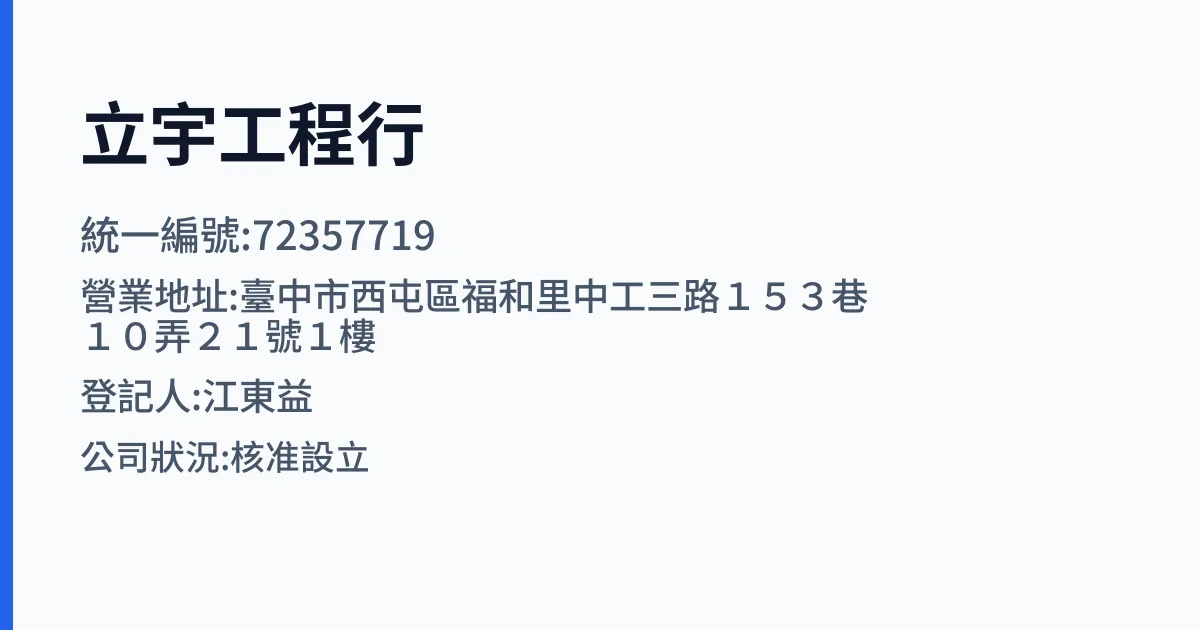 立宇工程行 - 統編 72357719(臺中市) 公司登記資料與營業項目詳細圖表