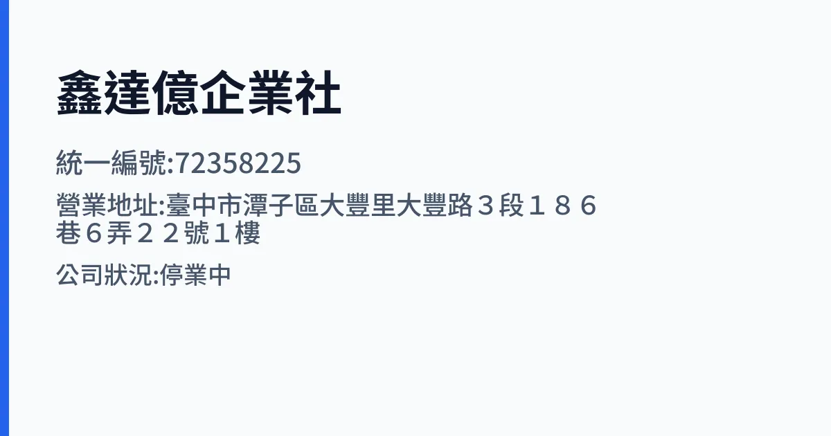 鑫達億企業社 - 統編 72358225(臺中市) 公司登記資料與營業項目詳細圖表