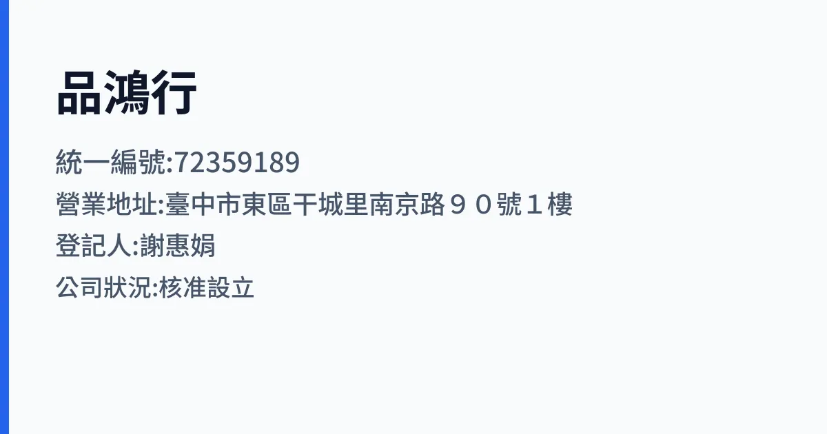 品鴻行 - 統編 72359189(臺中市) 公司登記資料與營業項目詳細圖表