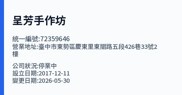 呈芳手作坊的照片-統編 72359646(臺中市) 公司登記資料與營業項目詳細圖表