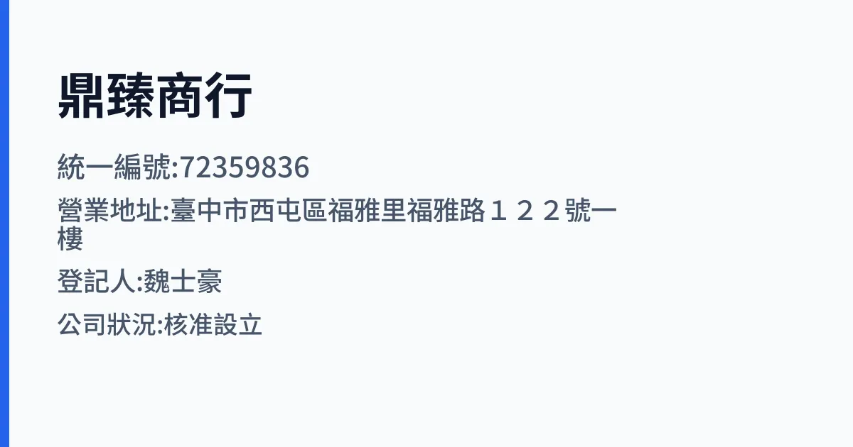 鼎臻商行 - 統編 72359836(臺中市) 公司登記資料與營業項目詳細圖表