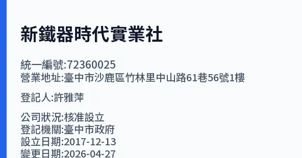 新鐵器時代實業社的照片-統編 72360025(臺中市) 公司登記資料與營業項目詳細圖表