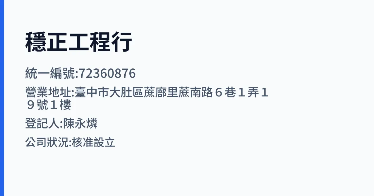 穩正工程行 - 統編 72360876(臺中市) 公司登記資料與營業項目詳細圖表