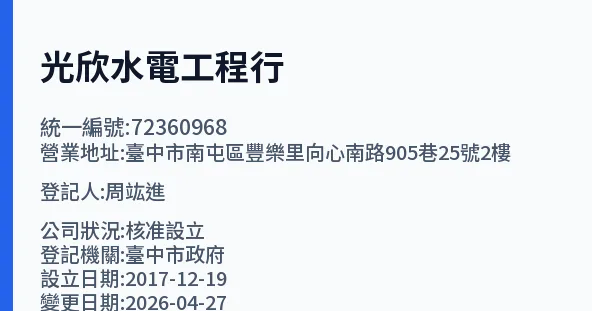 光欣水電工程行的照片-統編 72360968(臺中市) 公司登記資料與營業項目詳細圖表