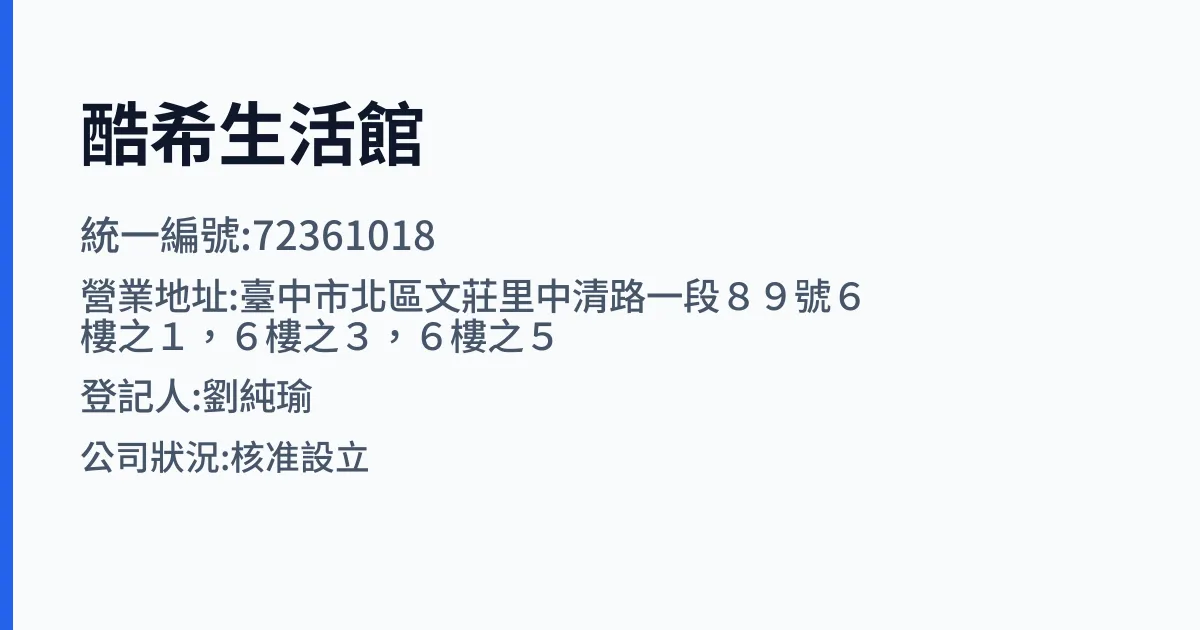 酷希生活館 - 統編 72361018(臺中市) 公司登記資料與營業項目詳細圖表