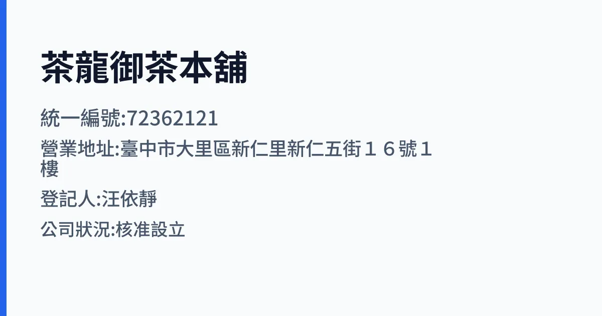 茶龍御茶本舖 - 統編 72362121(臺中市) 公司登記資料與營業項目詳細圖表