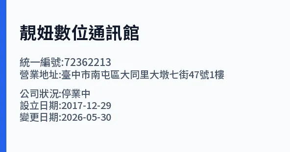 靚妞數位通訊館的照片-統編 72362213(臺中市) 公司登記資料與營業項目詳細圖表