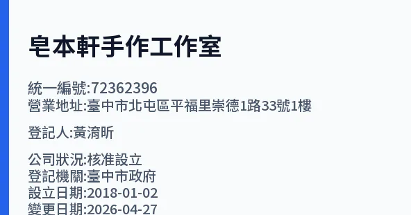 皂本軒手作工作室的照片-統編 72362396(臺中市) 公司登記資料與營業項目詳細圖表