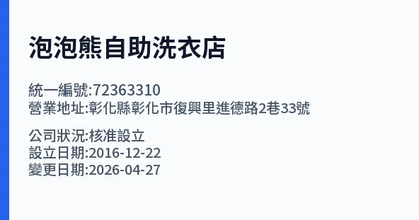 泡泡熊自助洗衣店的照片-統編 72363310(彰化縣) 公司登記資料與營業項目詳細圖表