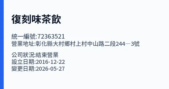 復刻味茶飲的照片-統編 72363521(彰化縣) 公司登記資料與營業項目詳細圖表