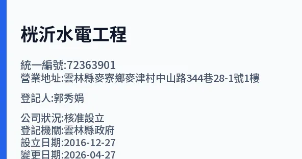 桄沂水電工程的照片-統編 72363901(雲林縣) 公司登記資料與營業項目詳細圖表