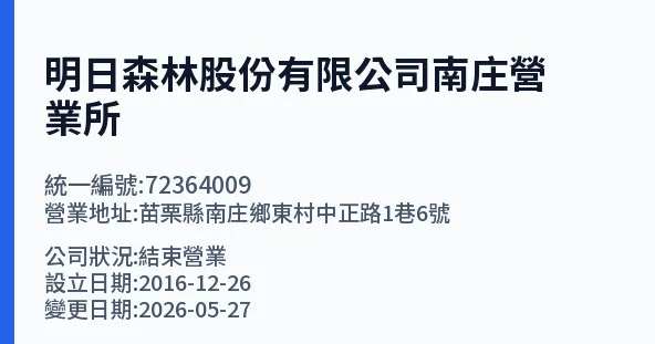 明日森林股份有限公司南庄營業所的照片-統編 72364009(苗栗縣) 公司登記資料與營業項目詳細圖表